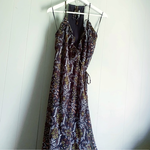Dex | Dresses | Dex Blue Brown Floral Strappy Wrap Maxi Dress S | Poshmark